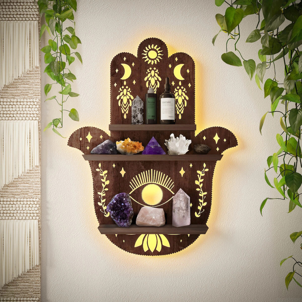 Mystic Hamsa Shelf – Spirituele Wandplank met Verlichting – Lux Lights